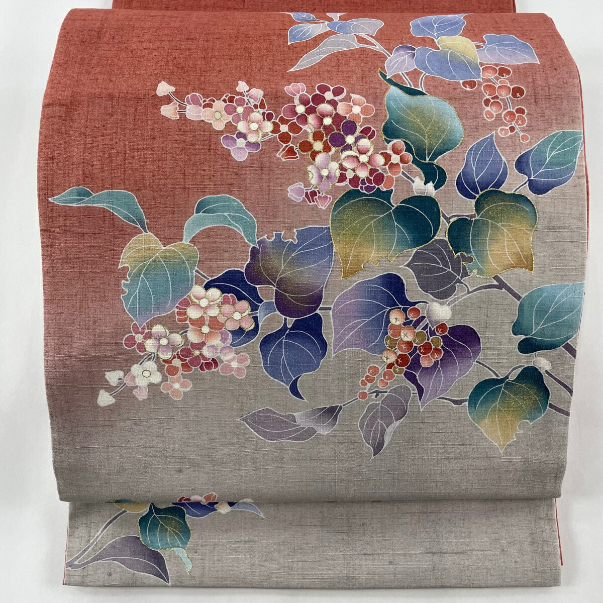 【楽天市場】袋帯 美品 秀品 紬地 草花 葉と実 金糸 金彩 朱色 お太鼓柄 正絹 【中古】：バイセル 楽天市場店