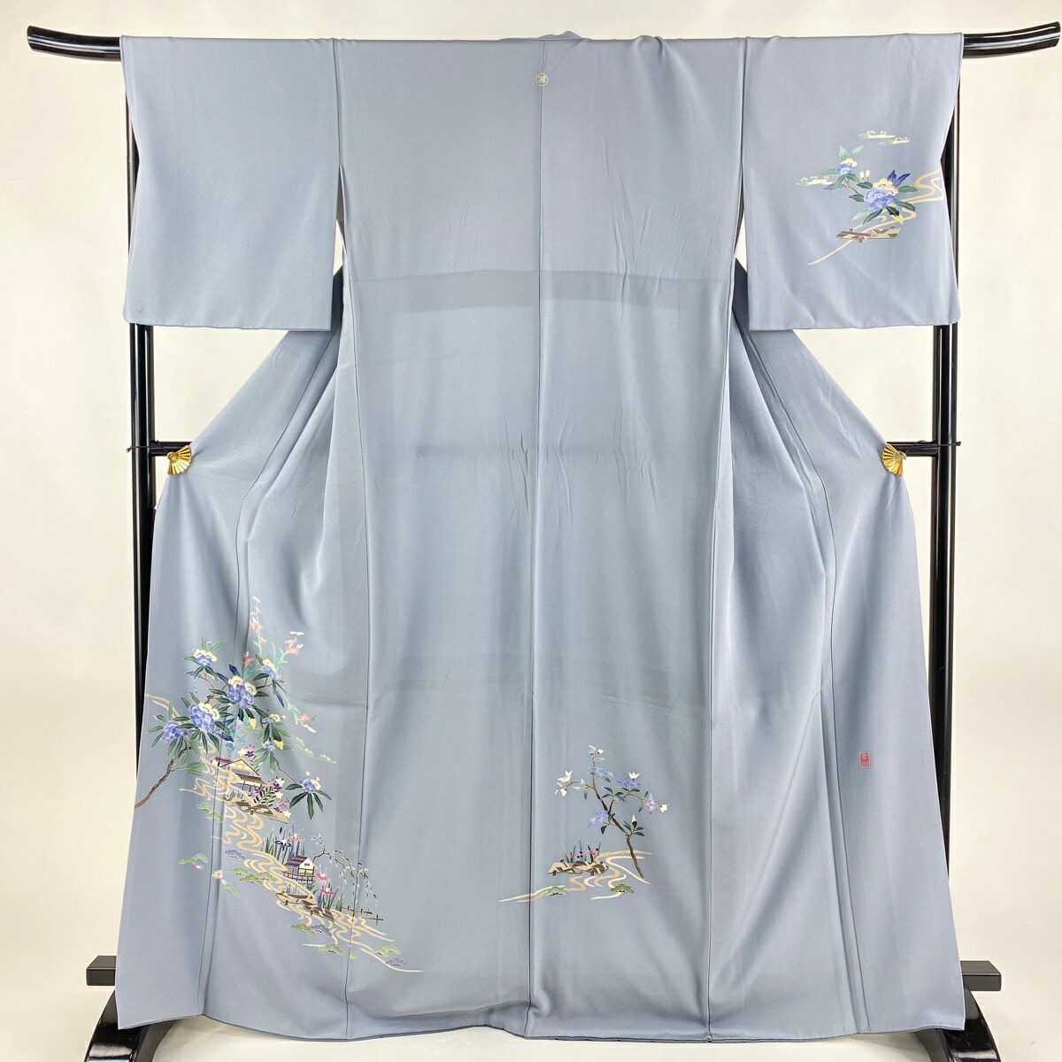 【楽天市場】付下げ 身丈167cm 裄丈68cm L 袷 岡本幸治 加賀友禅 落款あり 草花 建物 青灰色 正絹 逸品 一つ紋 【中古】：バイ ...