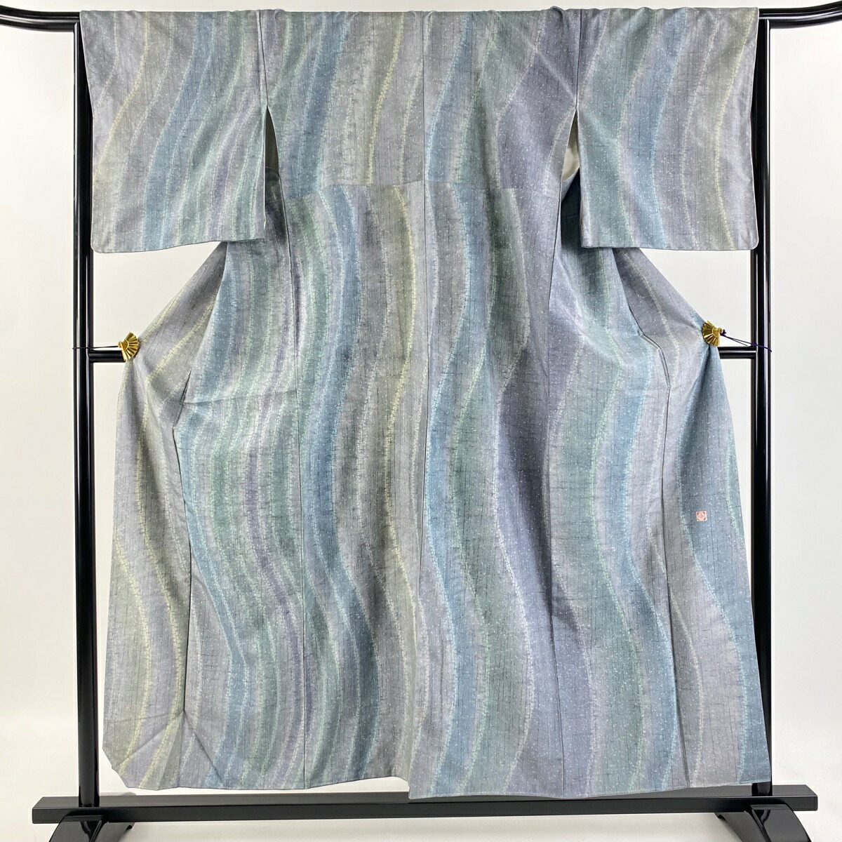 【楽天市場】付下げ 身丈155.5cm 裄丈65.5cm M 袷 牛首紬地 落款あり よろけ縞 絞り 青灰色 正絹 美品 逸品 【中古】：バイセル 楽天市場店