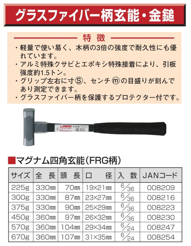 王将 マグナムハンマー 四角玄能 375 グラスファイバー柄 側面 横打ち可能 軽量 高耐久 グリップ部目盛り付仕様 柄部保護プロテクター付き アルミ特殊クサビ エポキシ特殊接着 釘打ち 金槌 ...