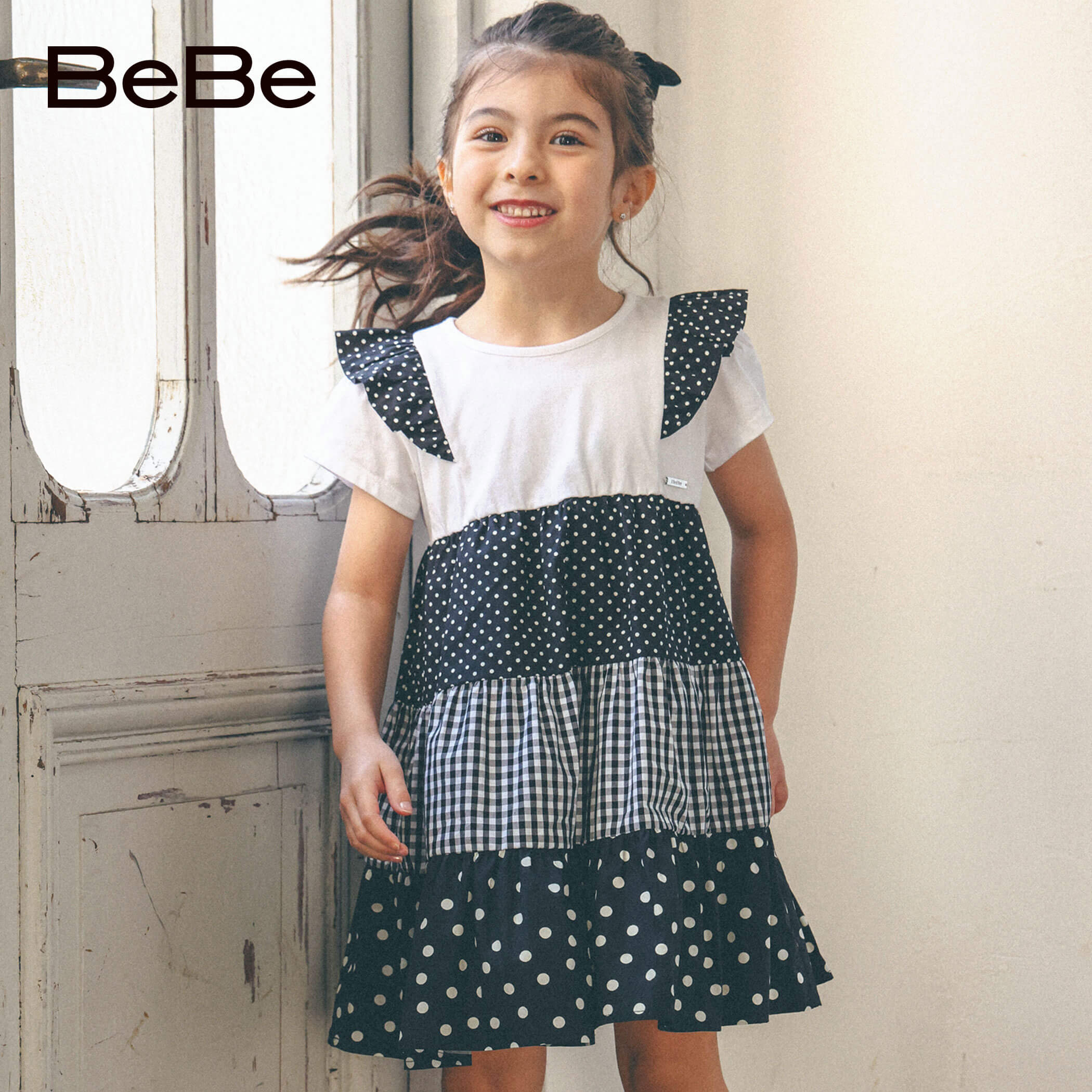 【楽天市場】【半額】BeBe（べべ）【お揃い】ドット+チェック ティアード ワンピース (90~150cm) 子供服 子ども服 女の子 半袖 90 100 110 120 130 140 ...