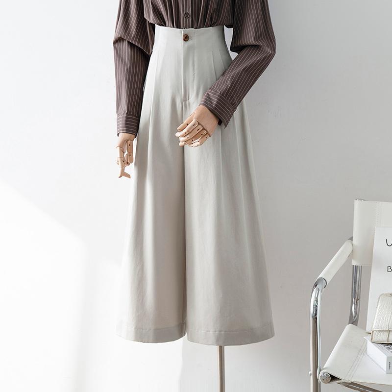 【楽天市場】レディース ウォッシュド コットン 九分丈 ワイド レッグ パンツ 秋 小柄 ハイウエスト スリム カジュアル ストレート スーツ ...