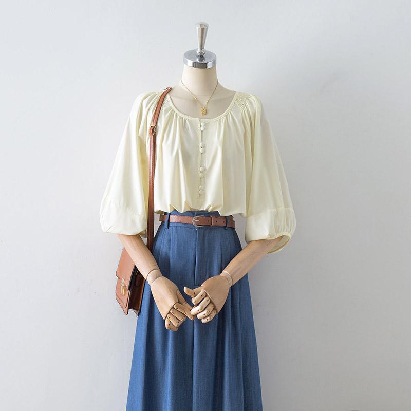 【楽天市場】フランス 五分袖 シャツ レディース 夏 ラウンドネック ランタン スリーブ スリム ミッド シフォンシャツ：carboo