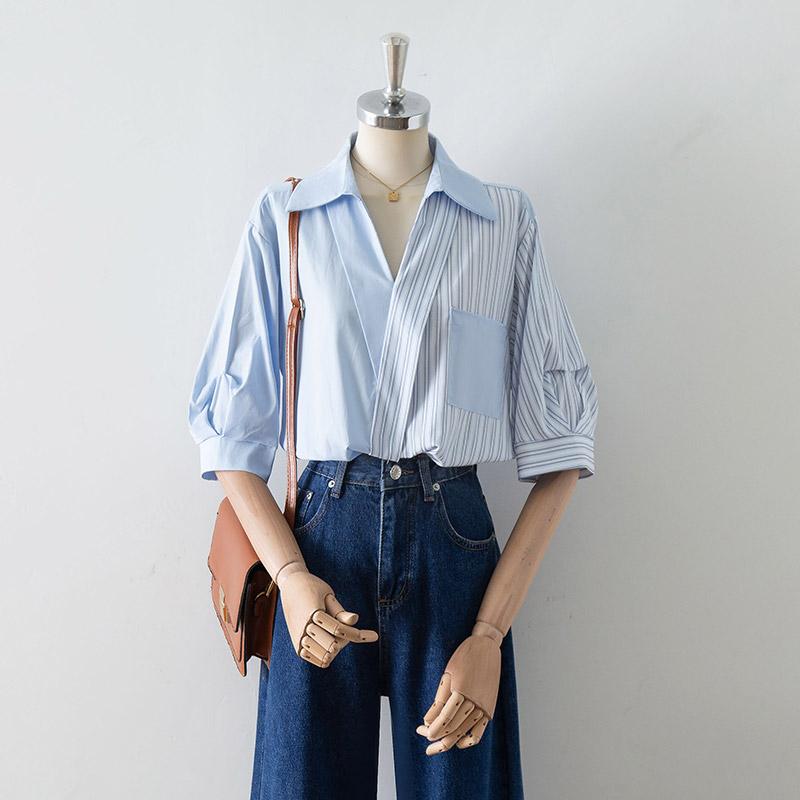 【楽天市場】レディース クロス オーバー 襟 カラー ブロック ストライプ 半袖 シャツ 夏 通勤 レトロ：carboo