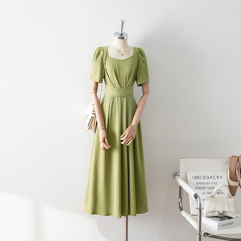 【楽天市場】フレンチ レトロ スクエアネック 半袖 ドレス レディース 夏 レースアップ ウエスト スリム ミドル丈 スカート：carboo