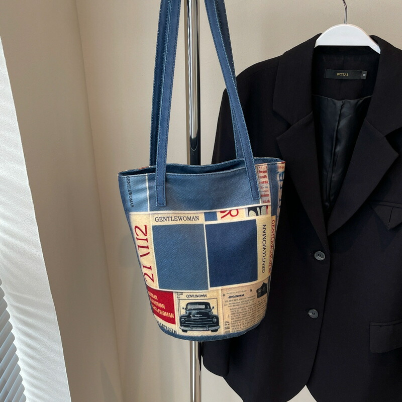 【楽天市場】トートバッグ バケトート 英字柄 デニム 綿 ショルダー 肩 ブルー シック A4 大容量：Ci select