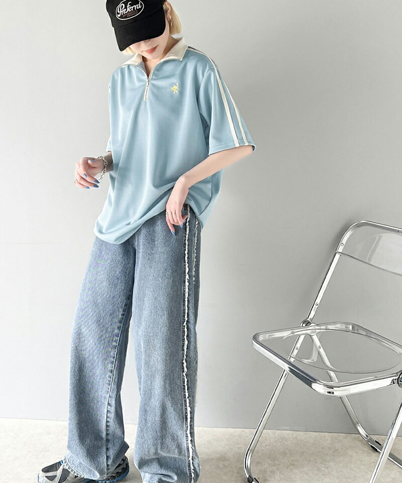 \先着順／24H限定 【全品15％OFFクーポン】 《javaジャバコラボ》 tシャツ レディース 半袖 ハーフ ジップ ライン ワンポイント 胸 刺繍 トラック プル ハイネック スポーツ ...