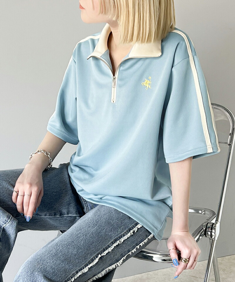 \先着順／24H限定 【全品15％OFFクーポン】 《javaジャバコラボ》 tシャツ レディース 半袖 ハーフ ジップ ライン ワンポイント 胸 刺繍 トラック プル ハイネック スポーツ ...