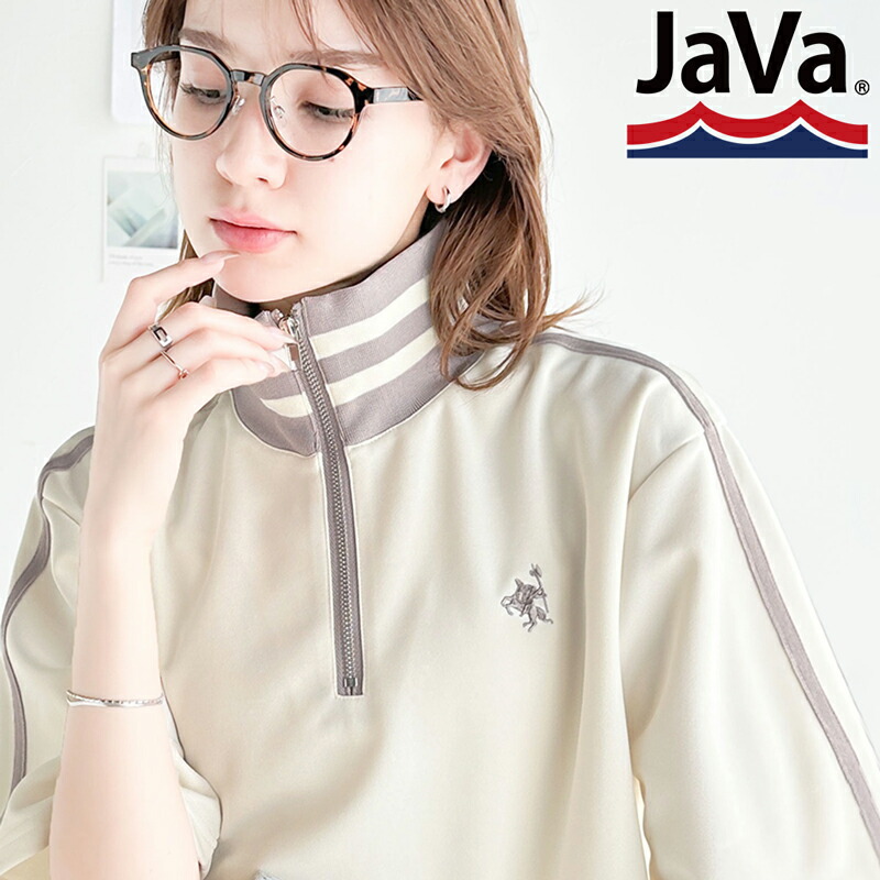 \先着順／24H限定 【全品15％OFFクーポン】 《javaジャバコラボ》 tシャツ レディース 半袖 ハーフ ジップ ライン ワンポイント 胸 刺繍 トラック プル ハイネック スポーツ ...