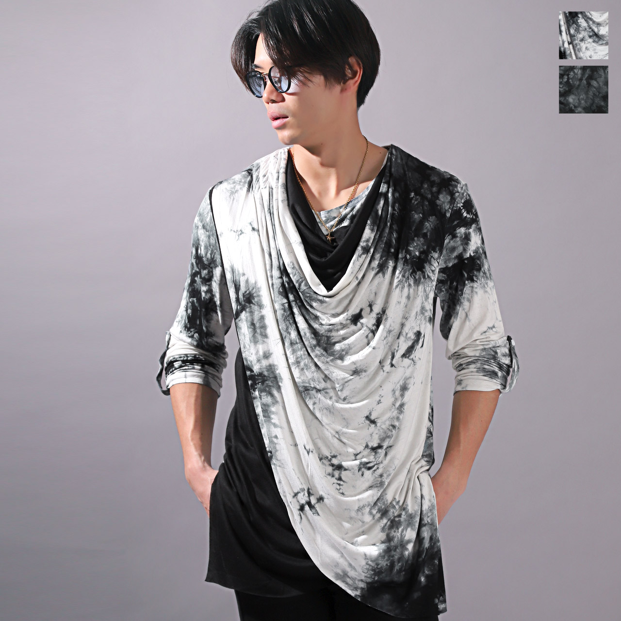 【楽天市場】 送料無料 【タイダイ染めフェイクインナードレープロンT】メンズロンT カットソー 長袖 ロング丈 ムラ染め ヴィジュアル系 V系 ...