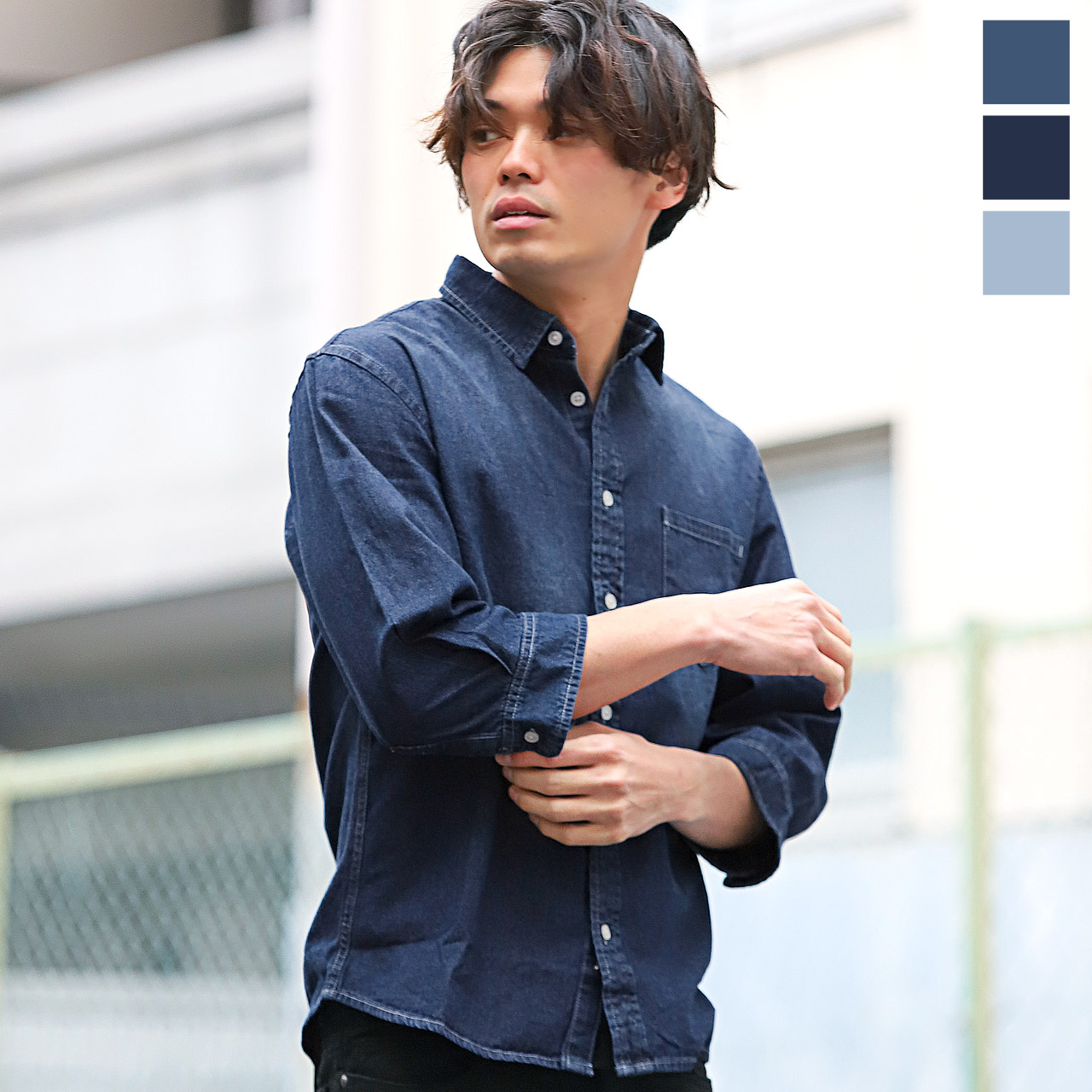 【楽天市場】デニムシャツ メンズ 7分袖 ダンガリー インディゴ 無地 ウォッシュ加工【7分袖デニムシャツ】7分袖シャツメンズ カジュアル ...