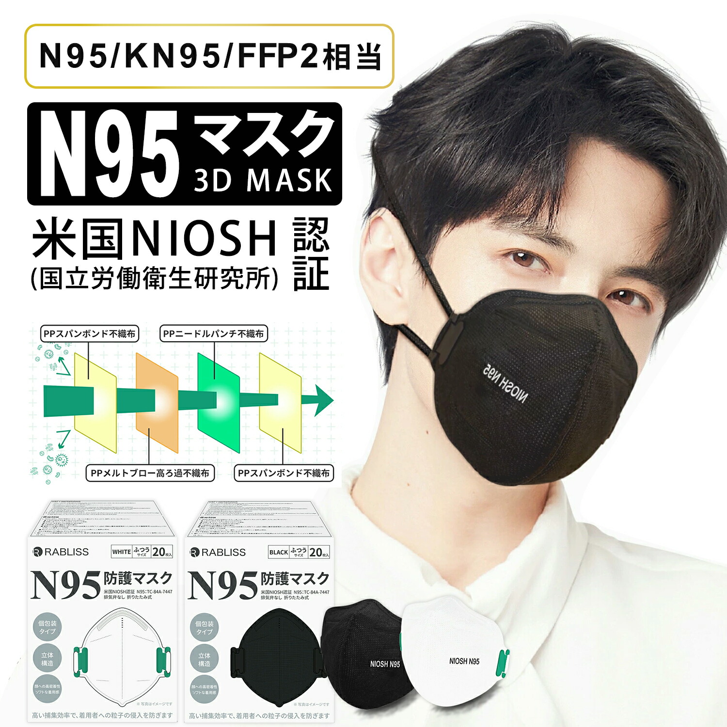 【楽天市場】【新春初売りSALE価格！最強配送】米国NIOSH認証 N95 マスク ブラック 個包装 20枚入 1箱 小林薬品 高機能 4層フィルター KO308 医療用 防護マスク 男女兼用 ...