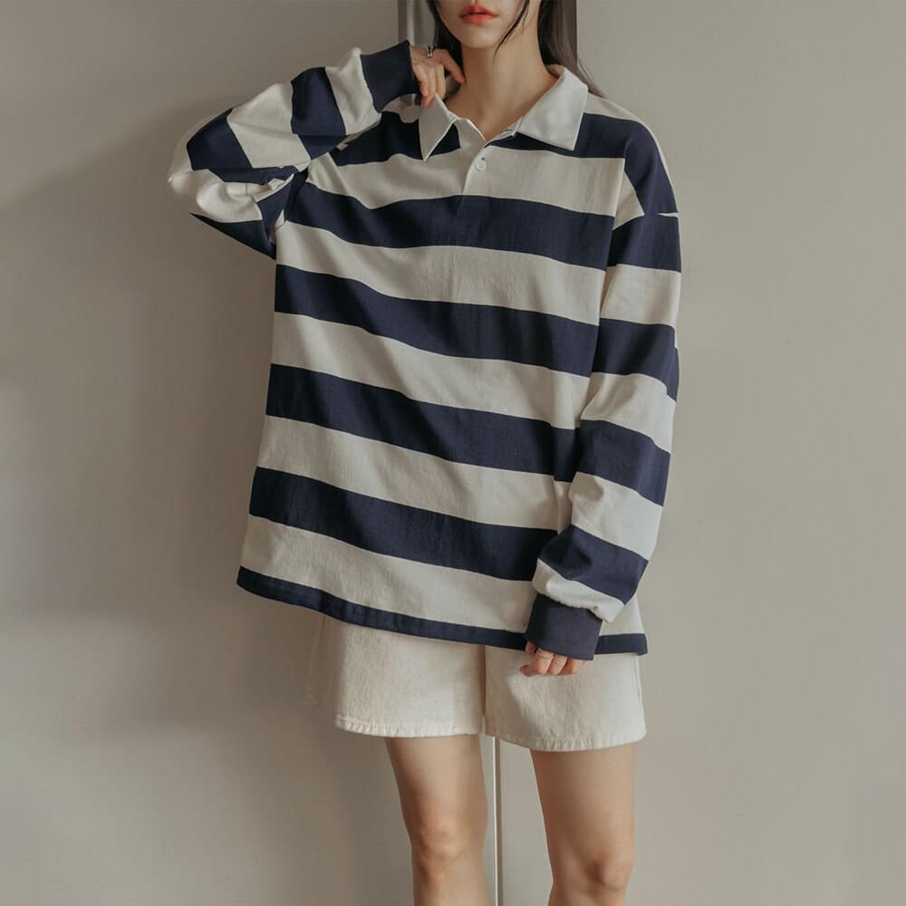 【楽天市場】メビンヌバクシーストライプボタンカラティ 長袖 Tシャツ polo-shirt レディース｜韓国 common unique｜コーディブック：CODIBOOK