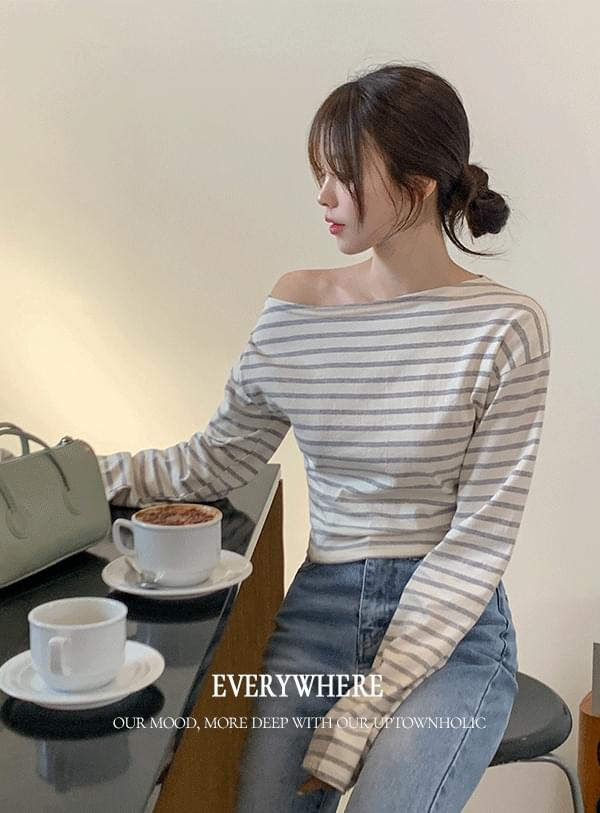 【楽天市場】ストライプボートネックオフショルダーTシャツ 長袖 Tシャツ Tシャツ レディース｜韓国 UPTOWN HOLIC｜コーディブック：CODIBOOK