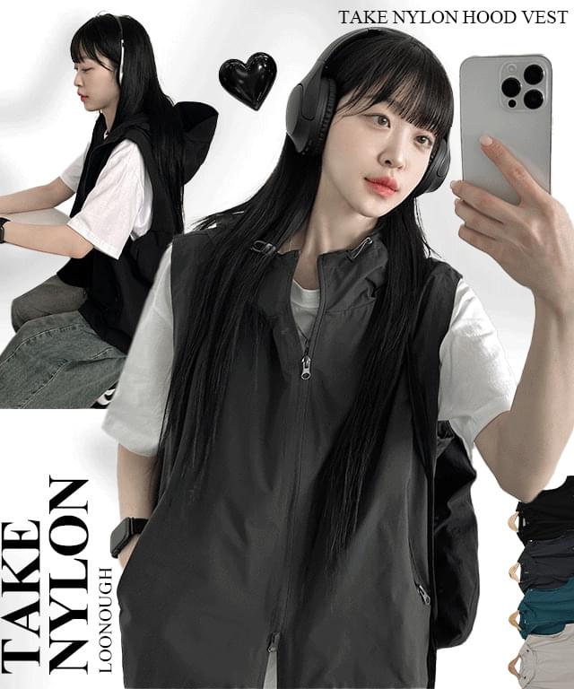【楽天市場】テイクナイロンフードベスト カーディガン / ベスト full-zip-vest レディース｜韓国 Loonough｜コーディ ...