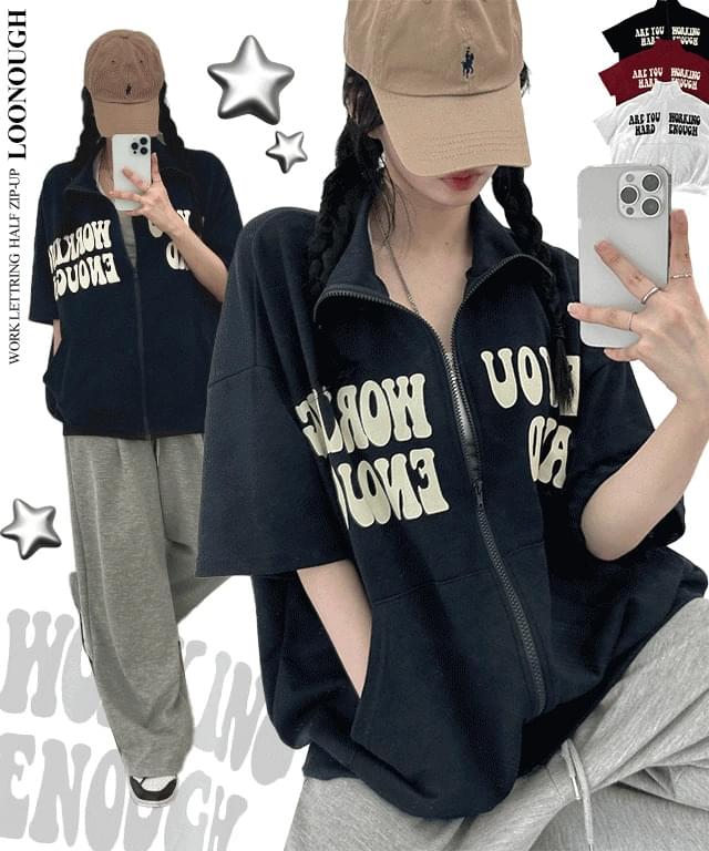 【楽天市場】*長袖追加*ワークレタリングボクシー半袖ジップアップ ジップアップ フードパーカー レディース｜韓国 Loonough｜コーディ ...