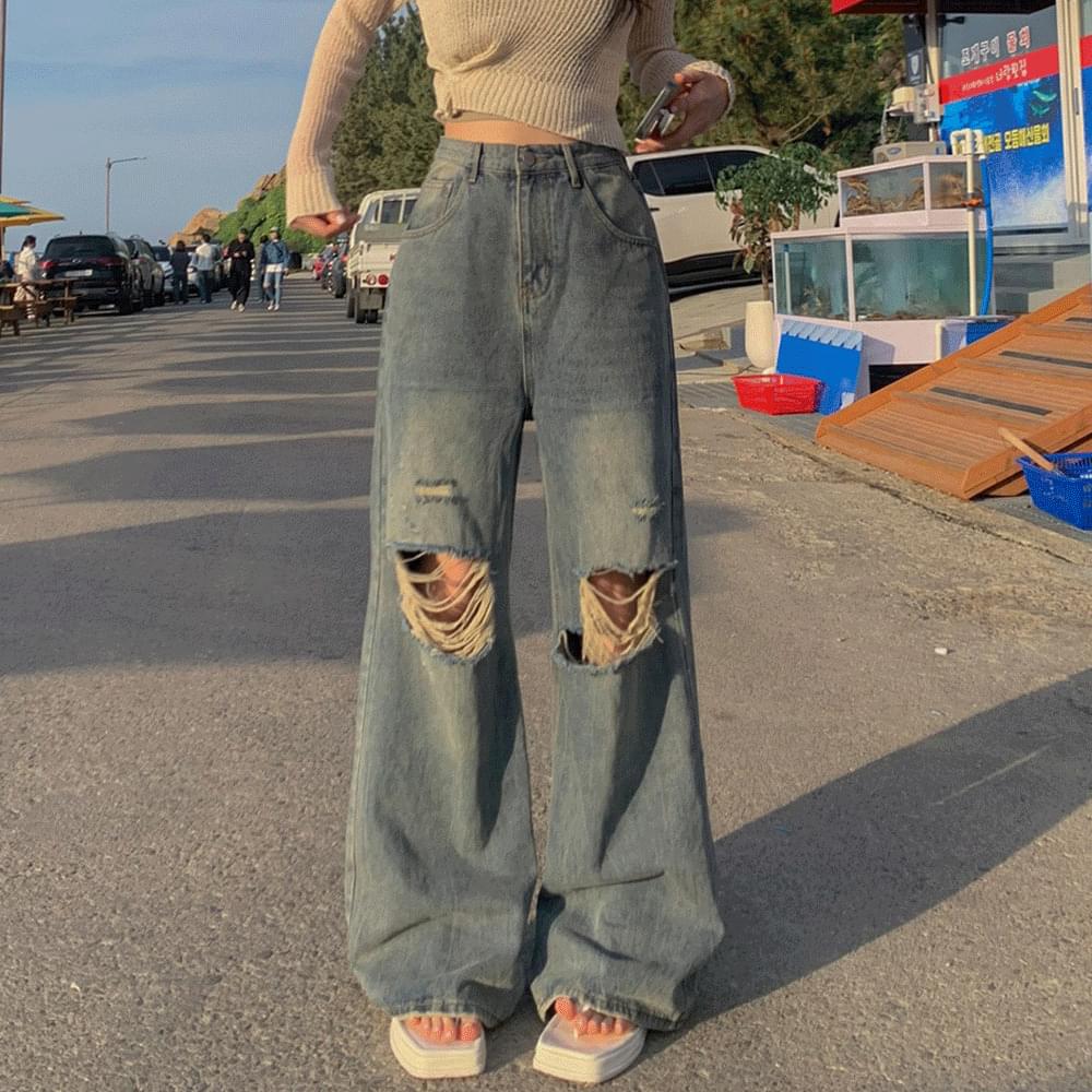 【楽天市場】フィットボムダメージロングワイドデニムパンツヴィンテージウォッシュルーズフィットリッピング救済ジーンズ開講ルックビンテージギルク ...