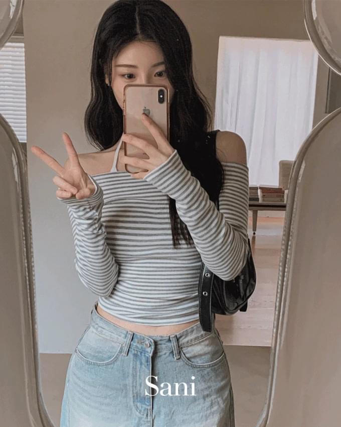 【楽天市場】サニーオフショルダーストライプストライプセミクロップシャツ 長袖 Tシャツ Tシャツ レディース｜韓国 highclassic｜コーディブック：CODIBOOK