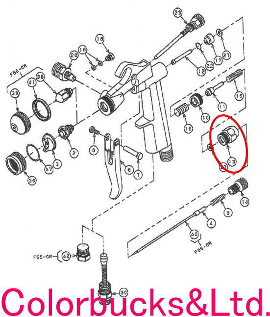 【楽天市場】【F55-G05/G08用】【パーツ No.13】【ニードルシリンダ】（Uシール付）【パーツ販売】明治 meiji超小形スプレーガン 重力式平吹き 口径0.5(F55-G05)/0 ...