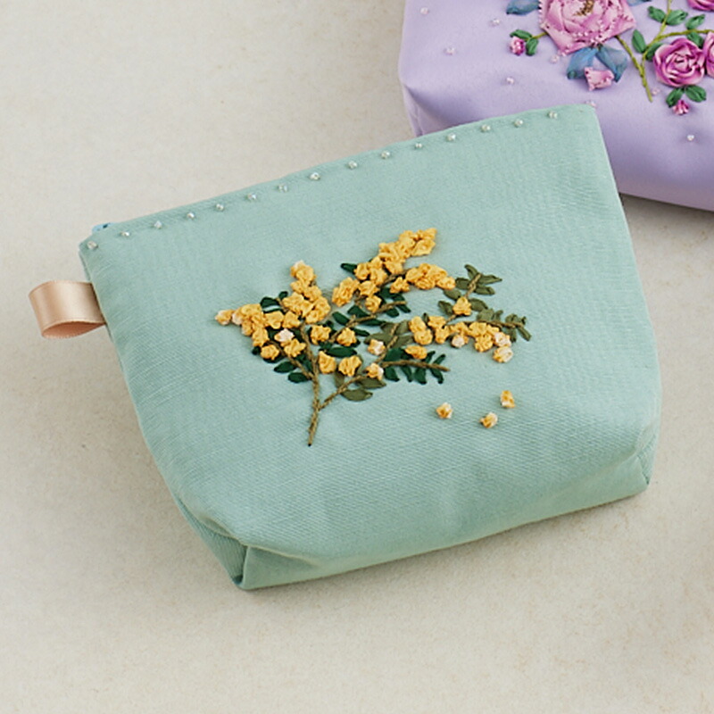 【楽天市場】刺繍キット ｜ 『花のリボン刺しゅう』刺しゅうキットシリーズ ミモザのポーチ ｜ 手芸 キット 手芸キット 手作り ハンドメイド ...