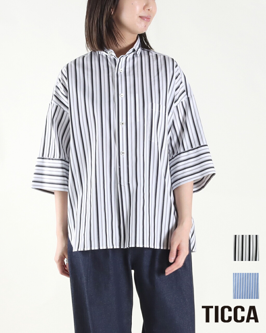 【楽天市場】TICCA ティッカ スクエア半袖ダブルカフスシャツ TBDS-014 スクエアビッグシャツ コットン シャツ ストライプ ゆったり ワイド 24SS：CROCHET クロシェ