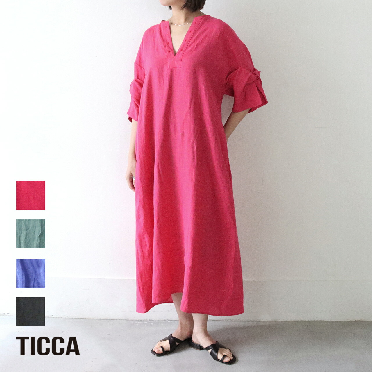 【楽天市場】ティッカ ワンピース TICCA ティッカ リネンツイストスリーブワンピース TBDS-413 ワンピース シャツワンピース チュニック ロング丈 無地 半袖 清涼感 ...