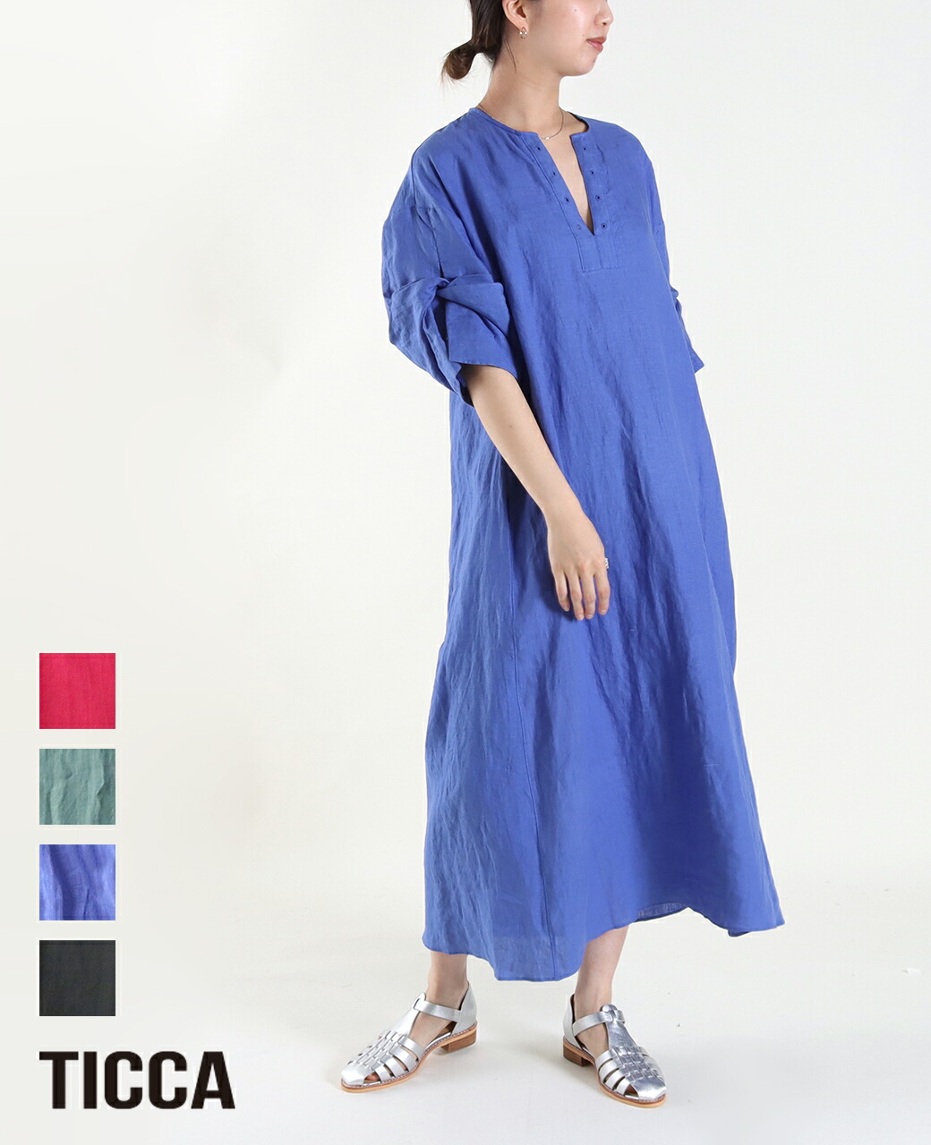 【楽天市場】ティッカ ワンピース TICCA ティッカ リネンツイストスリーブワンピース TBDS-413 ワンピース シャツワンピース チュニック ロング丈 無地 半袖 清涼感 ...