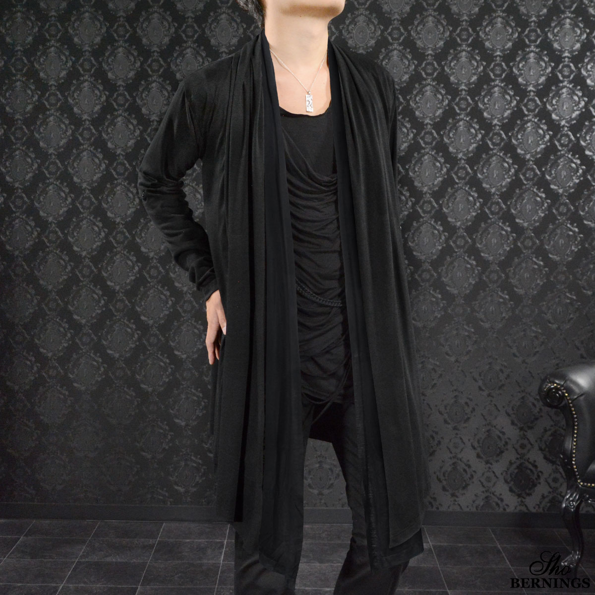 【楽天市場】ドレープ カーディガン メンズ ロング丈 長袖 フェイクレイヤード カーディガン(無地ブラック黒) 350643：BLACK ...