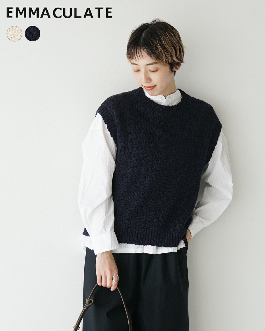 【楽天市場】エマキュレイト Emmaculate クルーネックベスト レディース CREWNECK VEST アイボリー ネイビー 白 紺 2251K-32293 0223 cpn15 ...