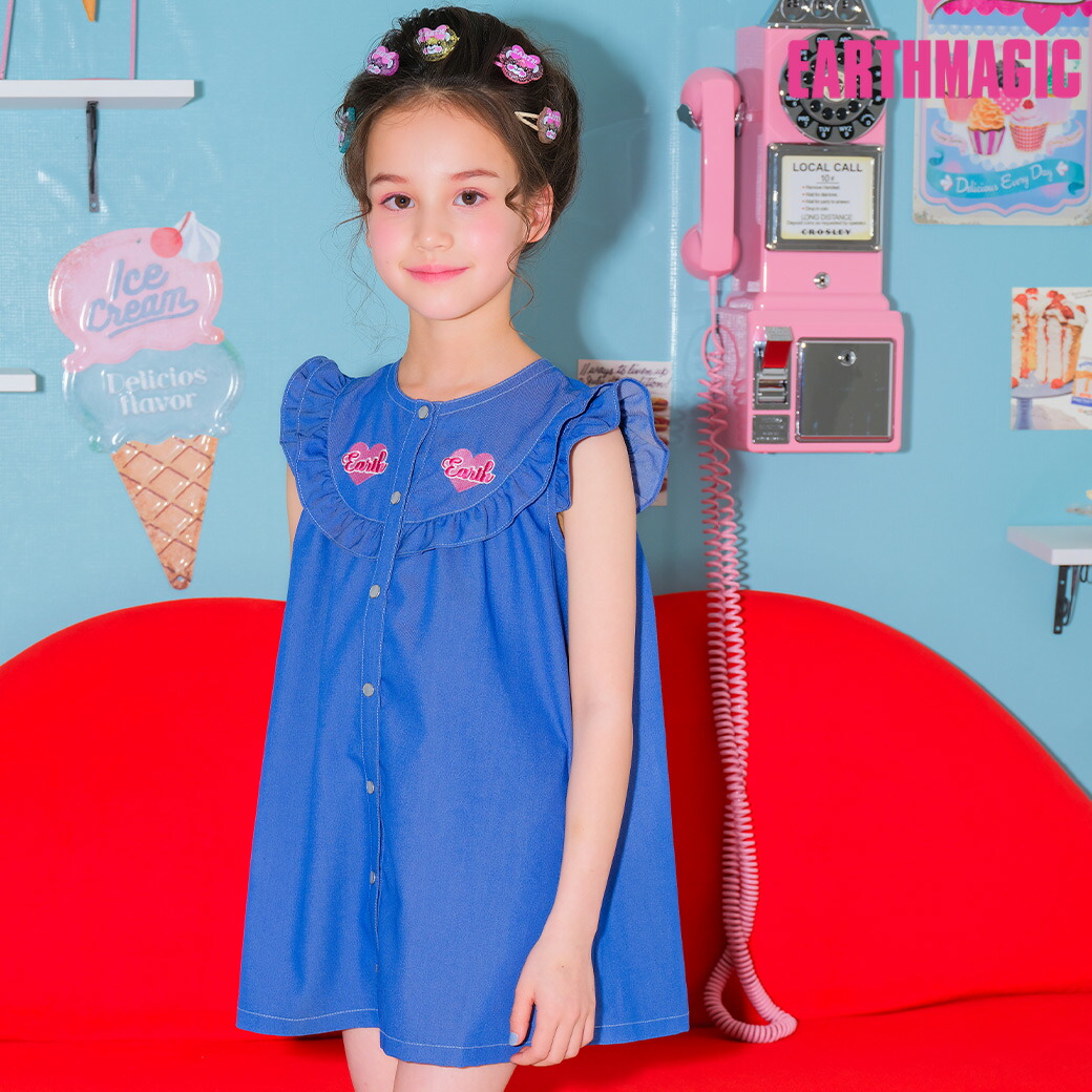 【楽天市場】【EARTHMAGIC正規取扱店】アースマジック 2025夏 ダンガリーワンピース 女児 女の子 子供服 キッズ 100cm 110cm 120cm 130cm 140cm ブルー ...