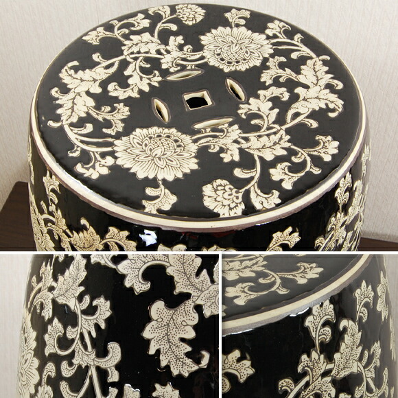 【楽天市場】Black Ceramic Stool 黒陶器草花スツール 花台 椅子 置物 アンティーク 雑貨 アンティーク風 アジアン ...