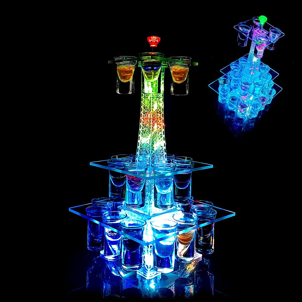 【楽天市場】LED酒グラス棚 酒カップホルダー 酒グラススタンド 30mlグラス12個付き LEDランプデザイン 卓上自立型 USB充電式 コードレス 雰囲気作り 忘年会 新年会 クラブ ...