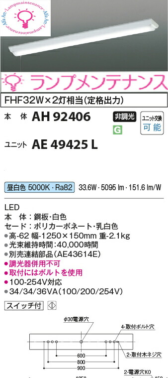 【楽天市場】コイズミ AH92406L＋AE49425L本体ユニットセットLEDユニットタイプ ベースライト 40型 逆富士FHF32W×2灯相当(定格出力) 100-254V対応 ユニット ...