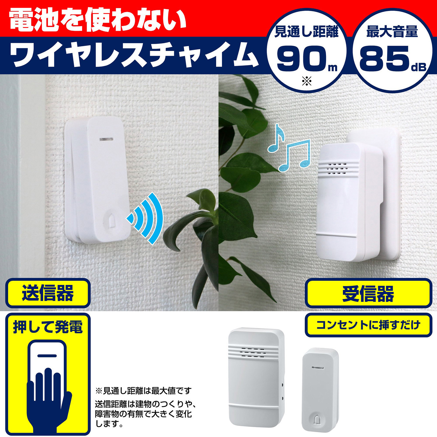 【楽天市場】エルパ 電池を使わないワイヤレスチャイムセット WC-S6040AC / 呼鈴を押す力で発電 電池不要 / 防沫ワイヤレスチャイム / 設置簡単 工事不要 ／ELPA 朝日電器 ...