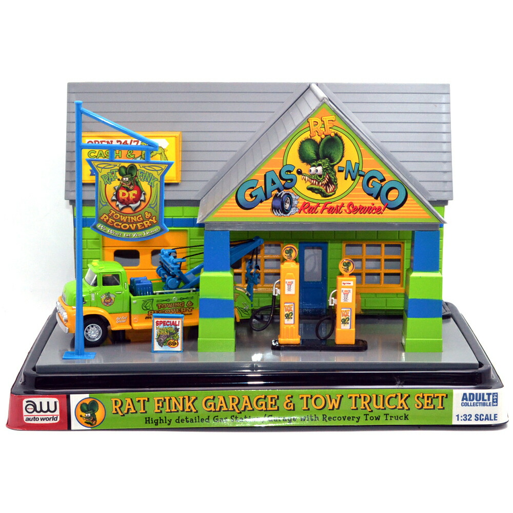 【楽天市場】AUTO WORLD 1:32 RAT FINK GARAGE WITH TOW TRUCK SET オートワールド 1:32 ...