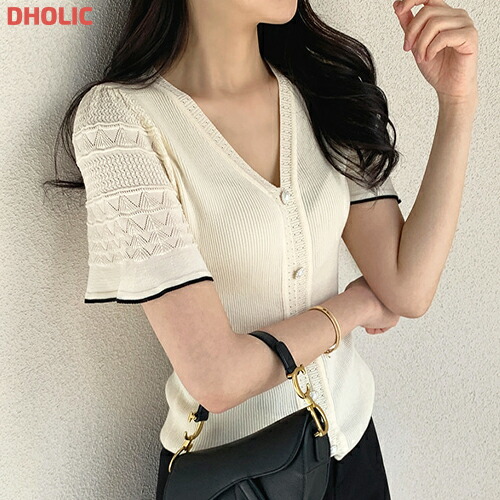 【楽天市場】kn レディース 韓国ファッション トップス ニット 半袖 Vネック クロップド フレアスリーブ パンチング 伸びる シック 大人 フェミニン オフィス カジュアル 着回し 春 夏 ...