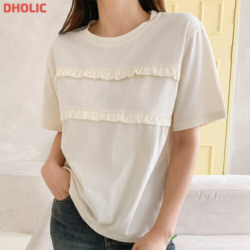 【楽天市場】top レディース 韓国ファッション トップス カットソー Tシャツ 半袖 ラウンドネック フリル 綿 コットン 薄手 プチプラ ...