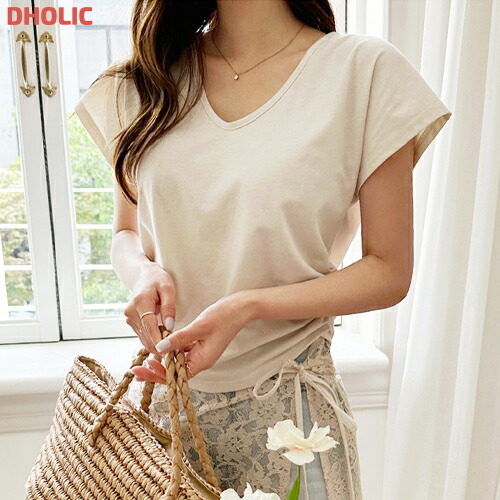 【楽天市場】[レビュー特典]top レディース 韓国ファッション トップス カットソー Tシャツ 3分袖 フレンチスリーブ クロップド Vネック 無地 スリム プチプラ ガーリー フェミニン ...