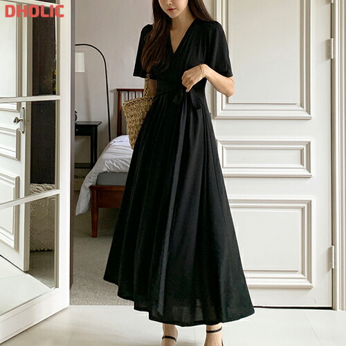 【楽天市場】[0729NEW] ops レディース 韓国ファッション 半袖 ロングワンピース Vネック 伸びる リボン結び パターン 無地 楽ちん シック フェミニン 大人 カジュアル 夏 ...