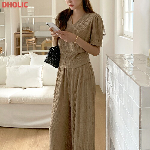 【楽天市場】[0729NEW] set レディース 韓国ファッション セットアップ ボトムス トップス 半袖 クロップド ロングパンツ Vネック ワイドパンツ 伸びる 楽ちん 美脚 フェミニン ...