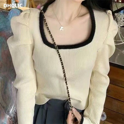 【楽天市場】[1120NEW] kn レディース 韓国ファッション トップス ニット 長袖 スクエアネック クロップド パフスリーブ 伸びる ...