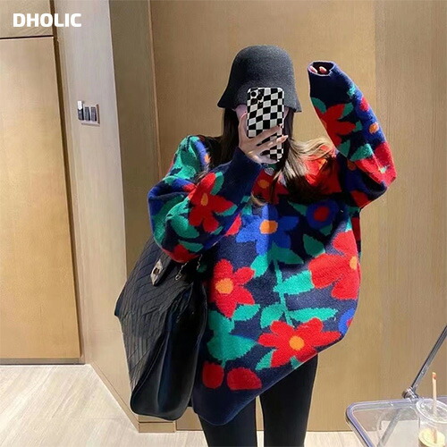 【楽天市場】[1203NEW] kn レディース 韓国ファッション トップス ニット 長袖 ラウンドネック ロング丈 ゆったり 花柄 フラワー ...