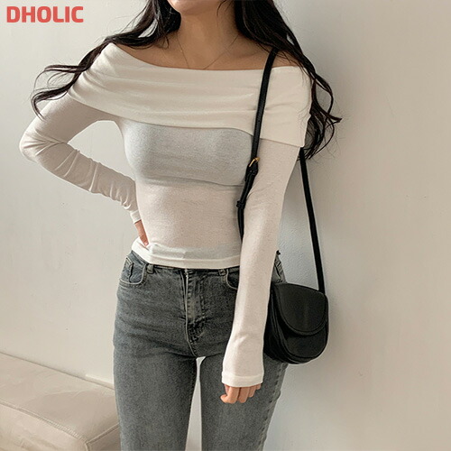 【楽天市場】tops レディース 韓国ファッション トップス カットソー 長袖 オフショルダー 鎖骨 クロップド 伸びる スリム 無地 プチプラ セクシー フェミニン カジュアル 春 秋 ...