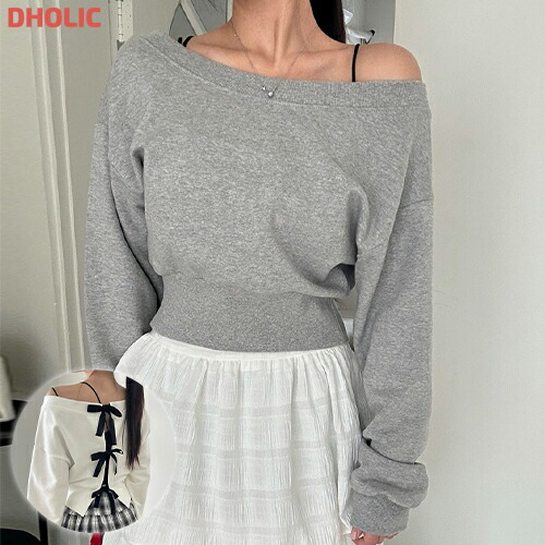 【楽天市場】[0327NEW] tops レディース 韓国ファッション トップス スウェット 長袖 ワンショルダー ボートネック クロップド バッグリボン結び 綿 コットン 無地 シンプル ...