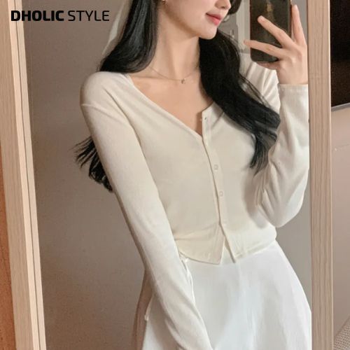 【楽天市場】レーディス 韓国ファッション dholic 春 spring はる ss 夏 summer なつ ss Vネッククロップドカーディガン・p641256 ニット カーディガン ...