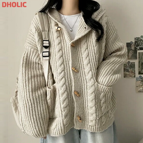 【楽天市場】cd レディース 韓国ファッション トップス カーディガン トグルボタンフードケーブルニット 長袖 防寒 学生 カジュアル ...