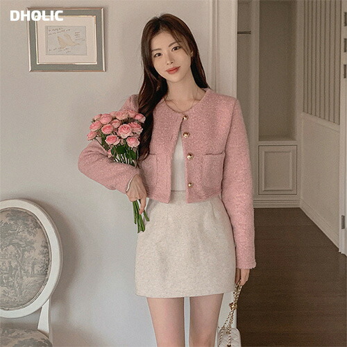 【楽天市場】jk レディース 韓国ファッション アウター 長袖 クロップド ノーカラー ポケット 単色 シンプル シック フェミニン オフィス カジュアル お出かけ 秋 冬 SSHIGH：DHOLIC