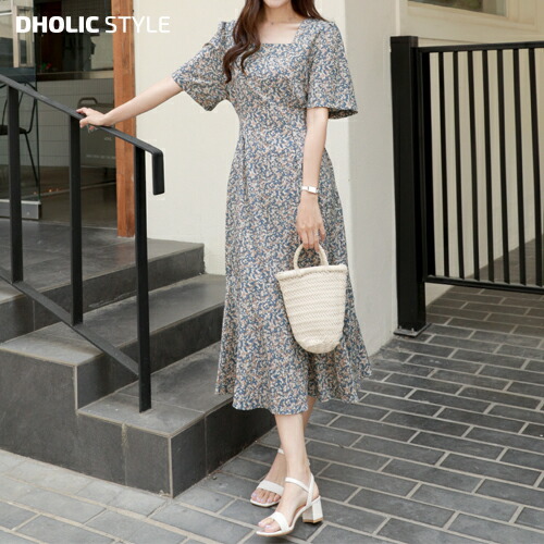 【楽天市場】スクエアネックパターンフレアワンピース・p387713 レディース 【ops】 韓国ファッション ワンピース ロング スクエア ...