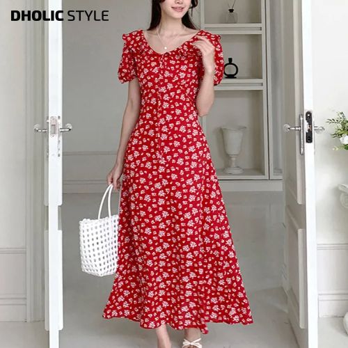 【楽天市場】【マラソンSALE】レーディス 韓国ファッション dholic 夏 summer なつ ss ラッフルカラーフラワーパフ半袖ワンピース・p678590 ワンピース ロングワンピース ...