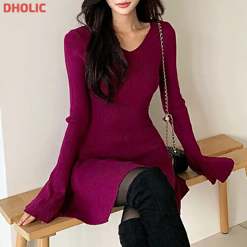 【楽天市場】ops レディース 韓国ファッション ニットワンピース ミニワンピース 長袖 Vネック フレアスリーブ フレア Aライン スリム ...